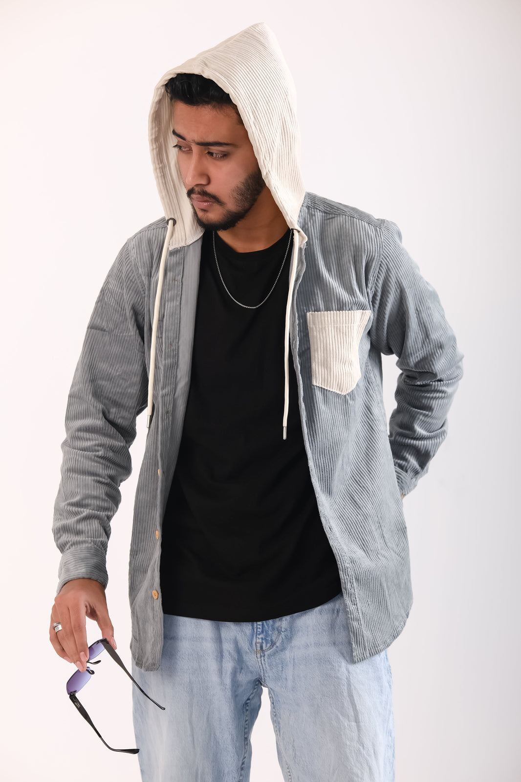 Men's Long Sleeved Contrast Corduroy Hooded Shirt – TrendFlex